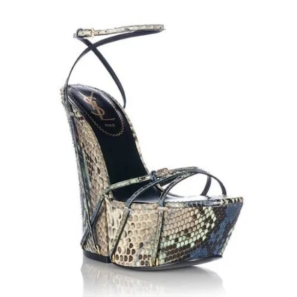 Yves Saint Laurent | Shoes | Ysl Python Baobab Wedge Heel Sandal Blue ...
